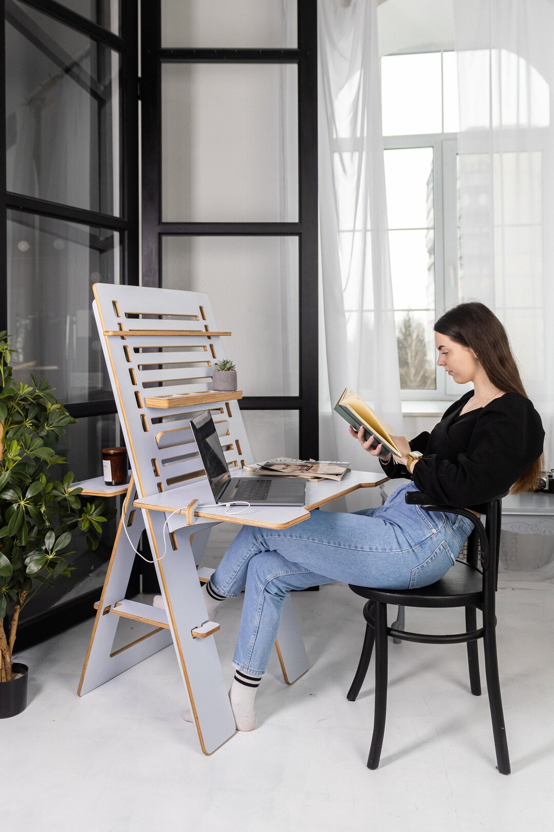 Standing Desk Wood Computer Desk Space Saving Office Furniture Plywood ...