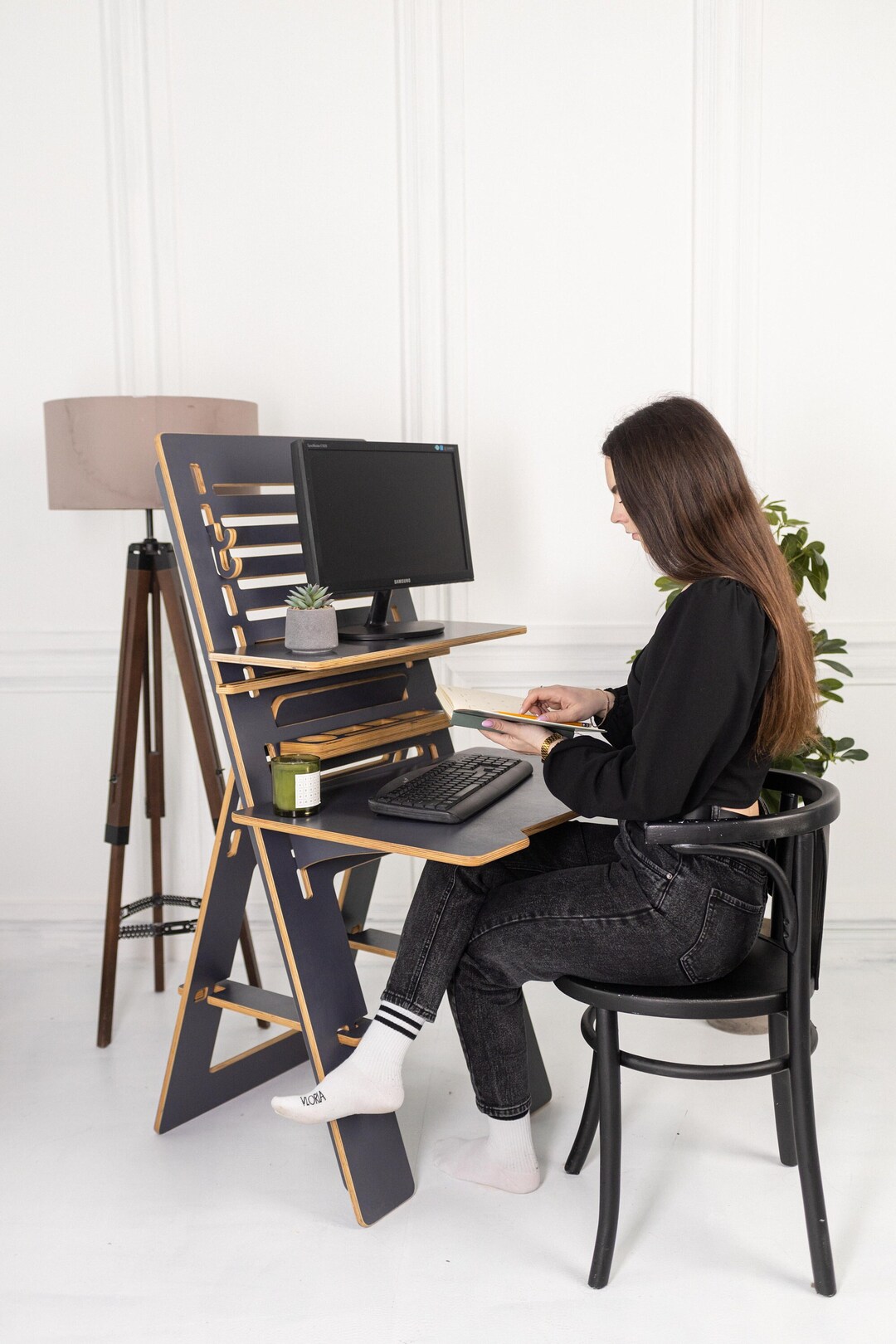 Computer Desk Black Wooden Standing Desk Artist Drawing Desk With Shelf ...