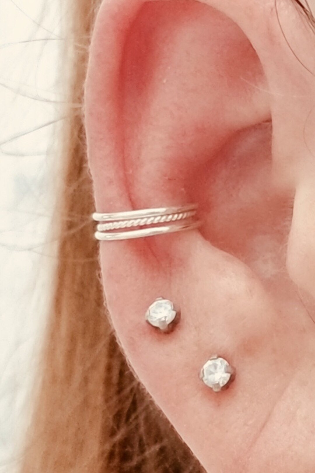 SET- Thin 2 Smooth and 1 Twisted Conch Hoop Set of Three- Faux Piercing ...