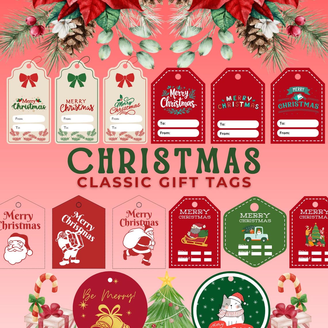 Christmas Gift Tags Printable PDF 2025–over 675 Classic Red Green Gold ...