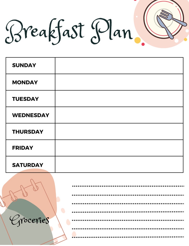 Breakfast Planner Printable | Grocery List | PDF - Etsy