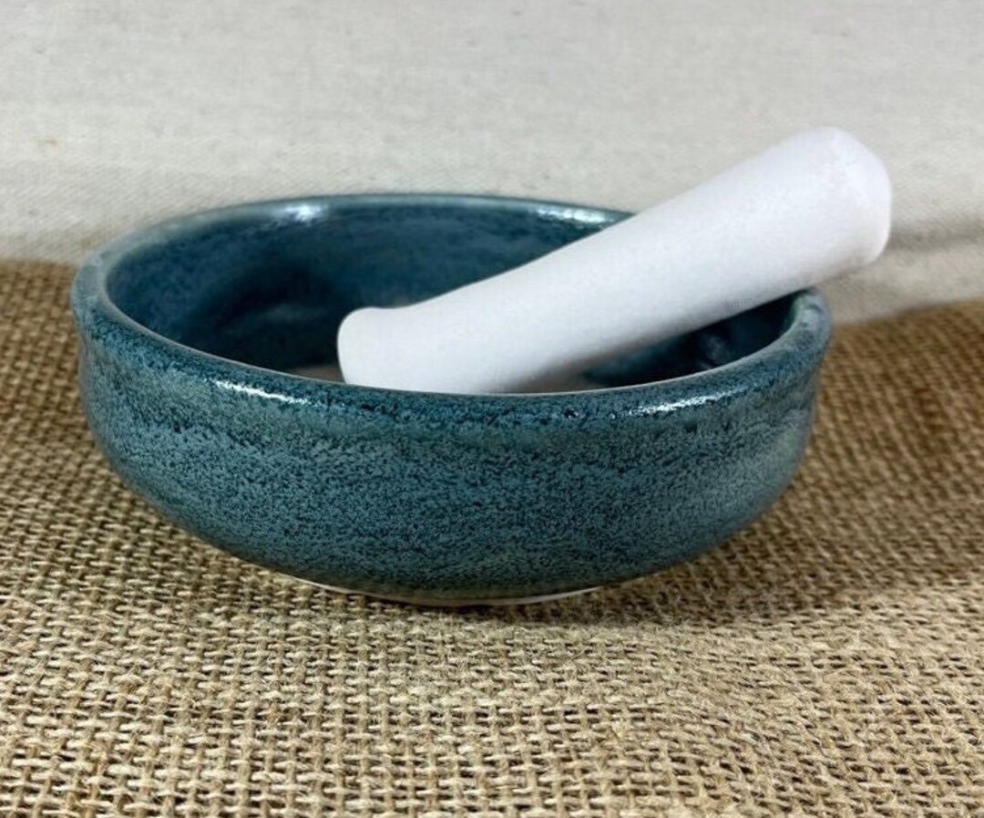 Antique Blue Matt Medium Wheel Thrown Grooved Mortar and Pestle, Food Safe - Etsy