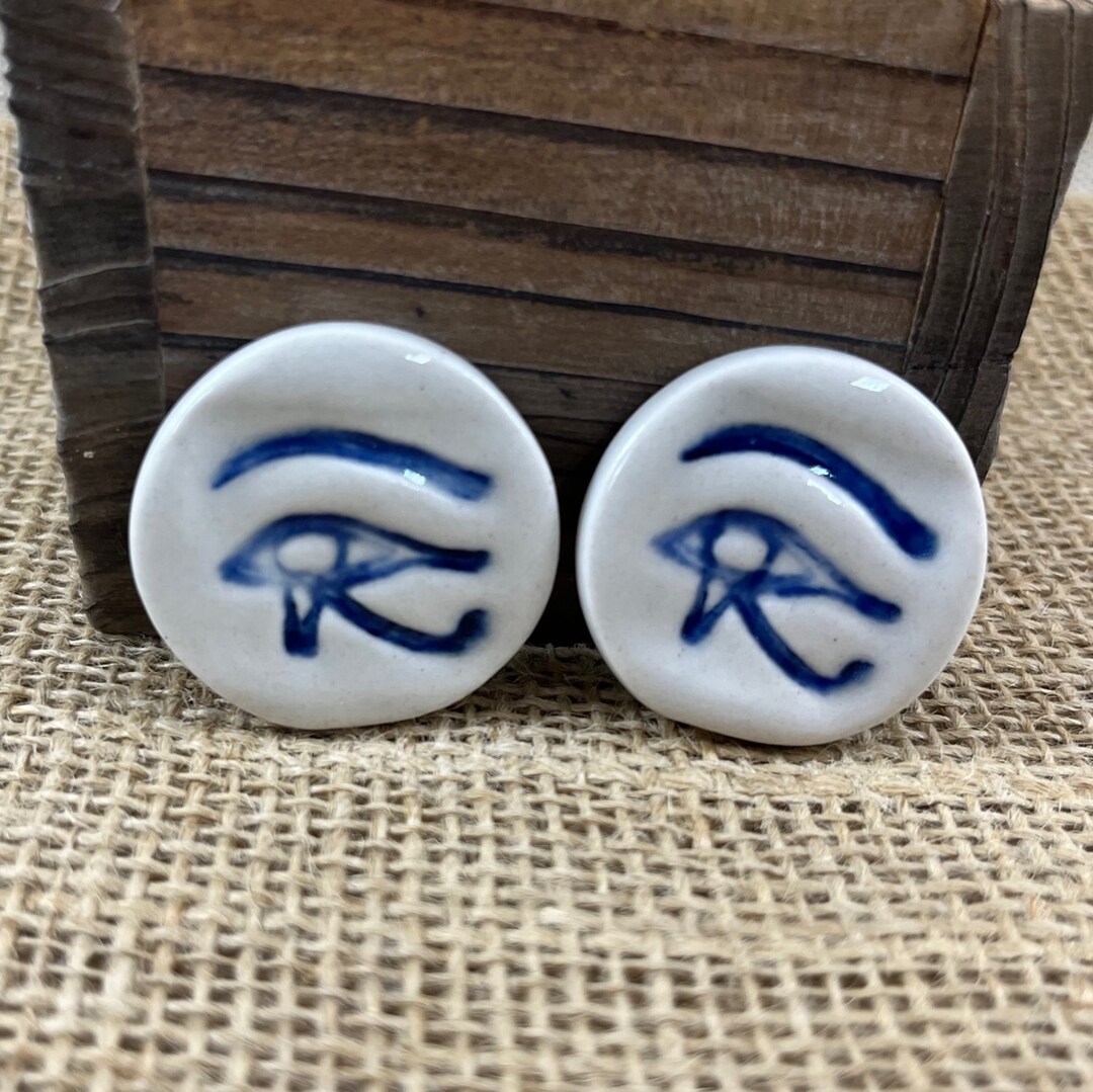 Set of 2 Blue White Eye of Horus Egyptian Hieroglyph, Egypt All Seeing ...