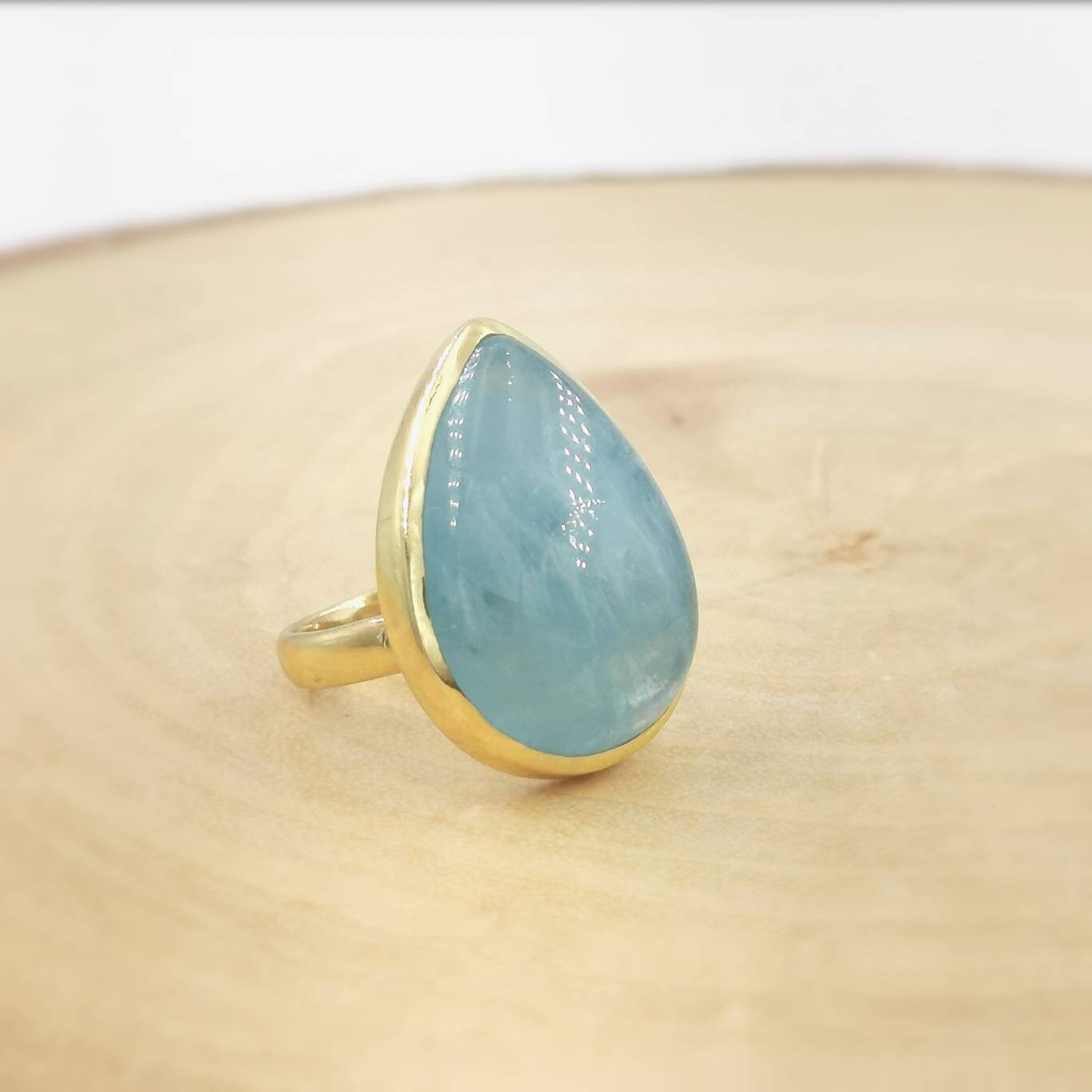 Aquamarine Drop Ring 18 K Gold Plated 925 Silver