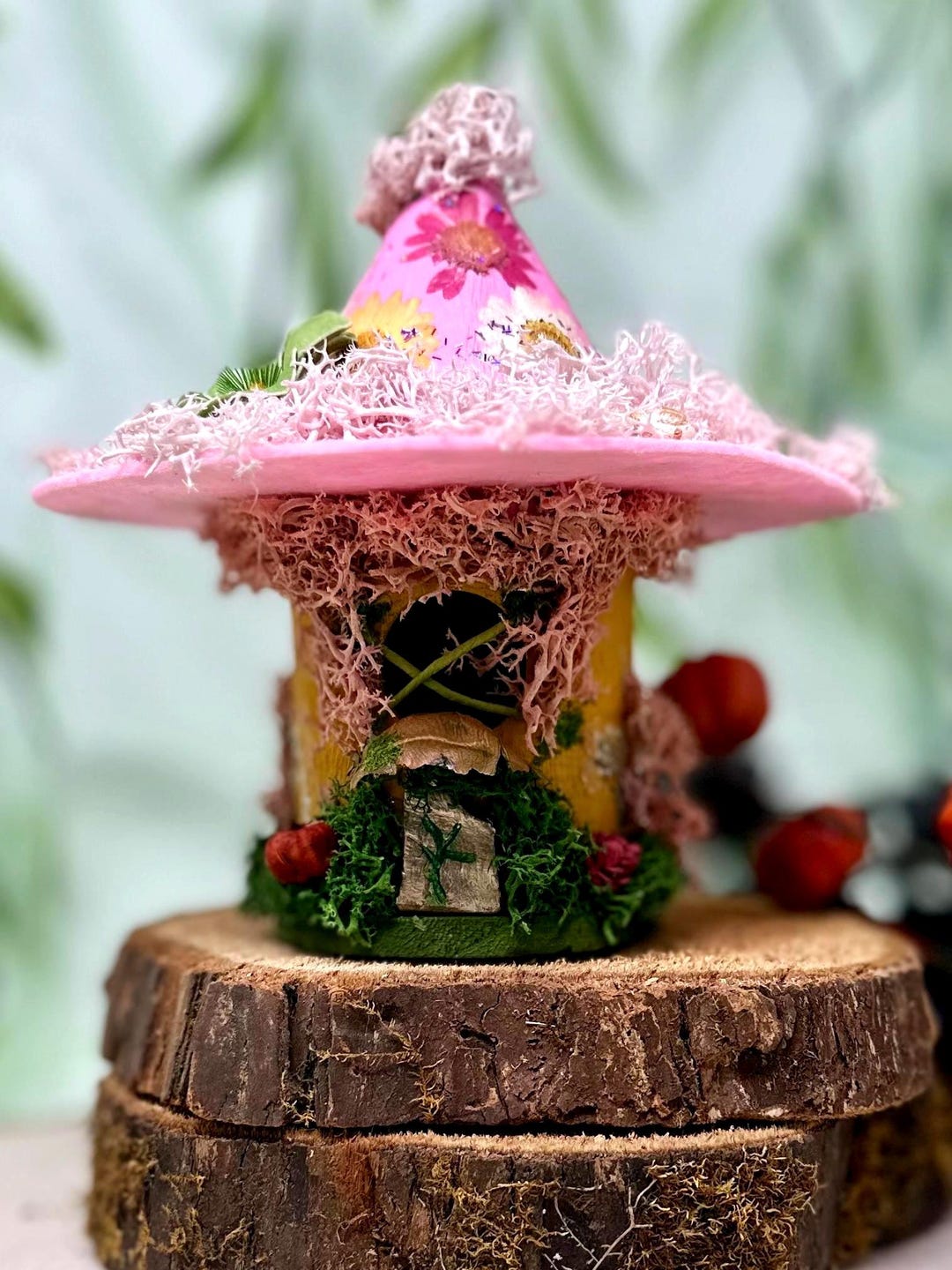 Pink Witch Hat Pixie House: Light-up Fairy Cottage With Cat & Dried ...