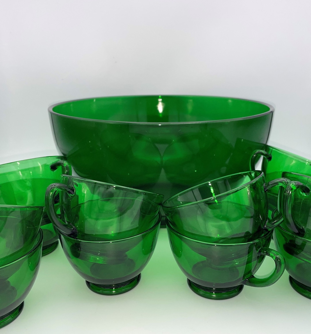 Vintage Anchor Hocking Emerald Green Punch Bowl With 12 Cups ...