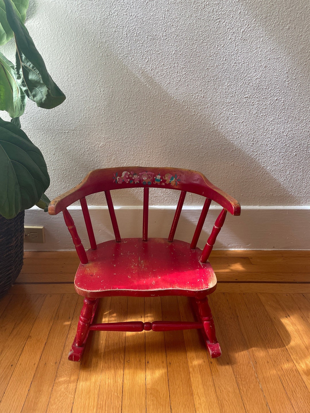 Vintage Children's Red Rocking Chair With Paintings of Pink Horses ...
