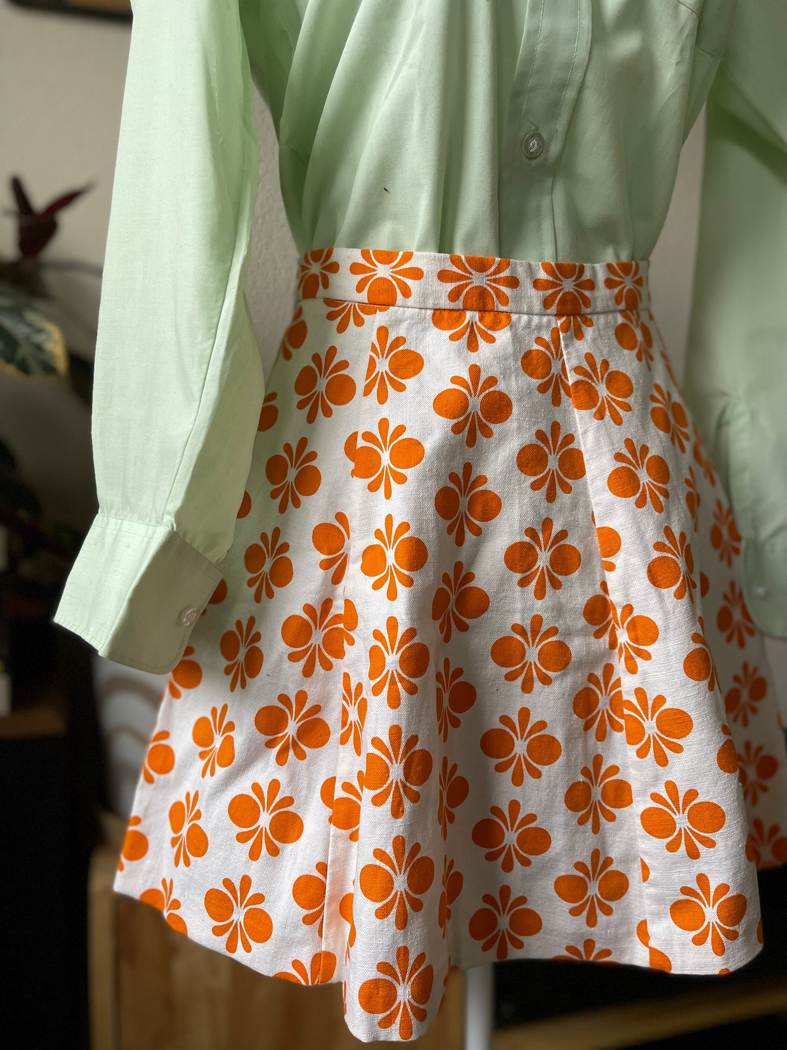 1960s Vintage A-line Orange and White Flower Pattern Mini Skirt - Etsy