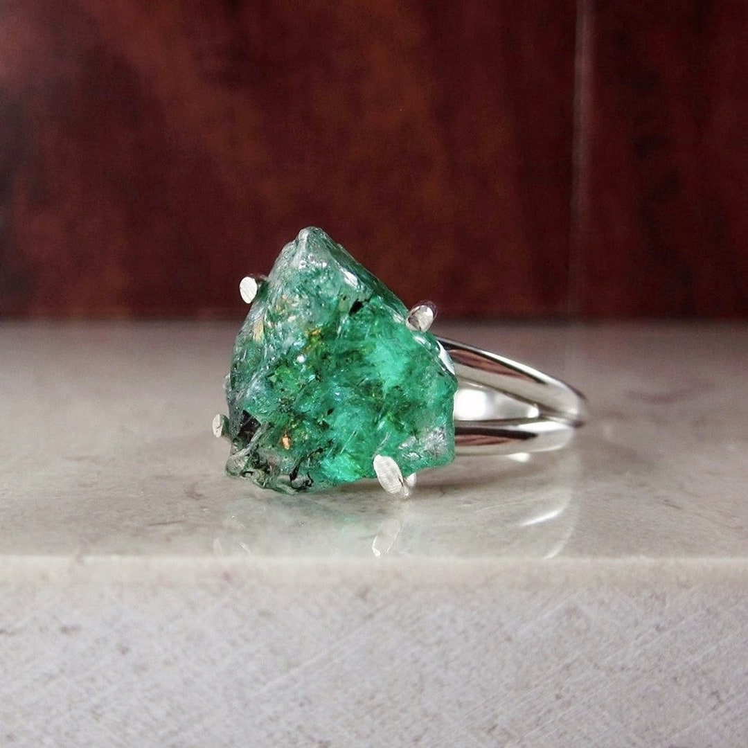 Large Raw Emerald Ring: Sterling Silver Claw Setting, Natural Gemstone ...