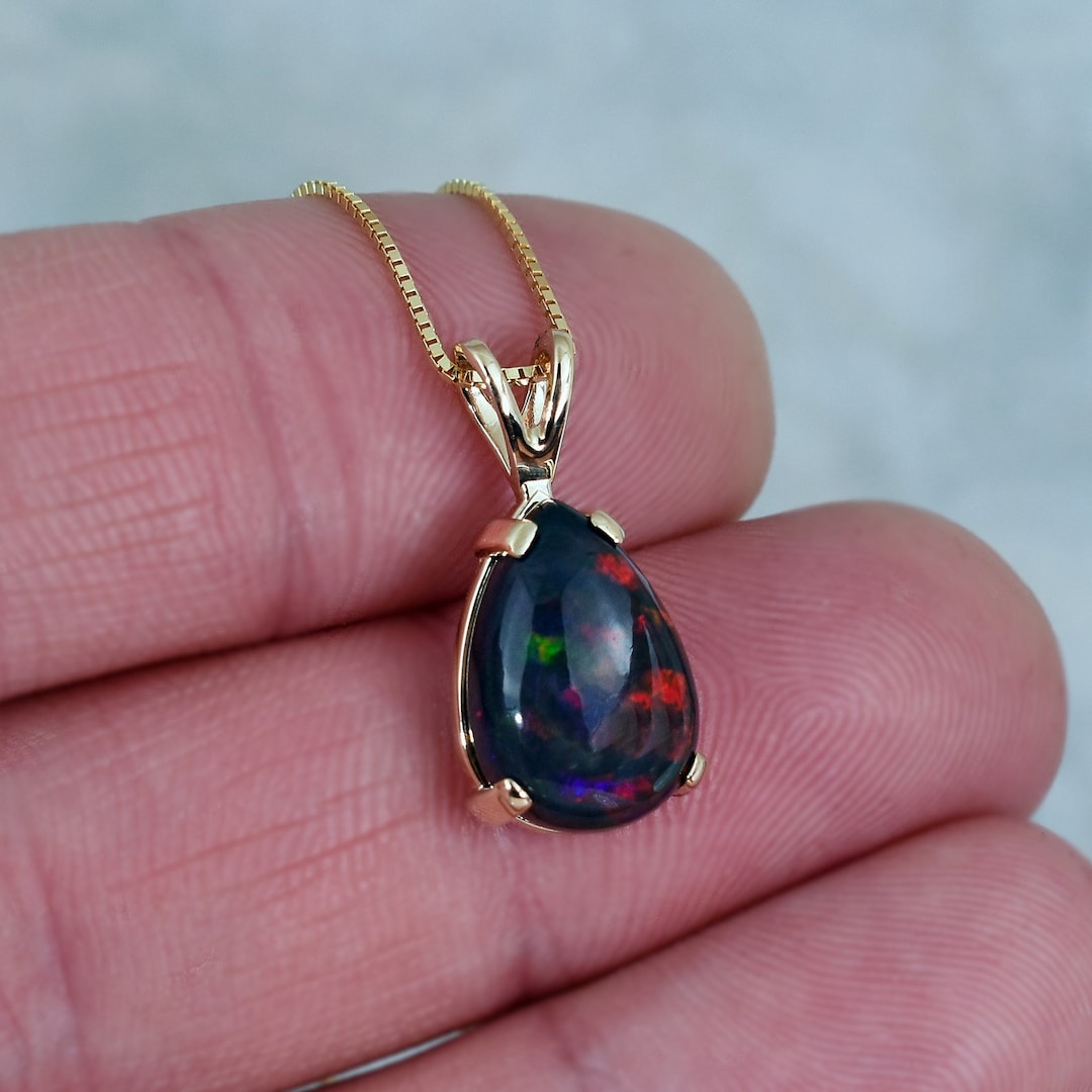 Black Opal Pendant Necklace: 10k Gold Pear Solitaire, October ...