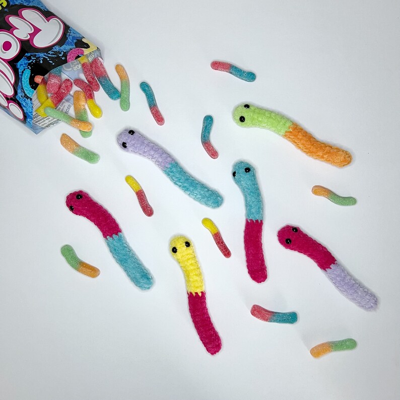 Sour Gummy Worms Posable Plushies // Crochet Amigurumi Novelty Fake ...
