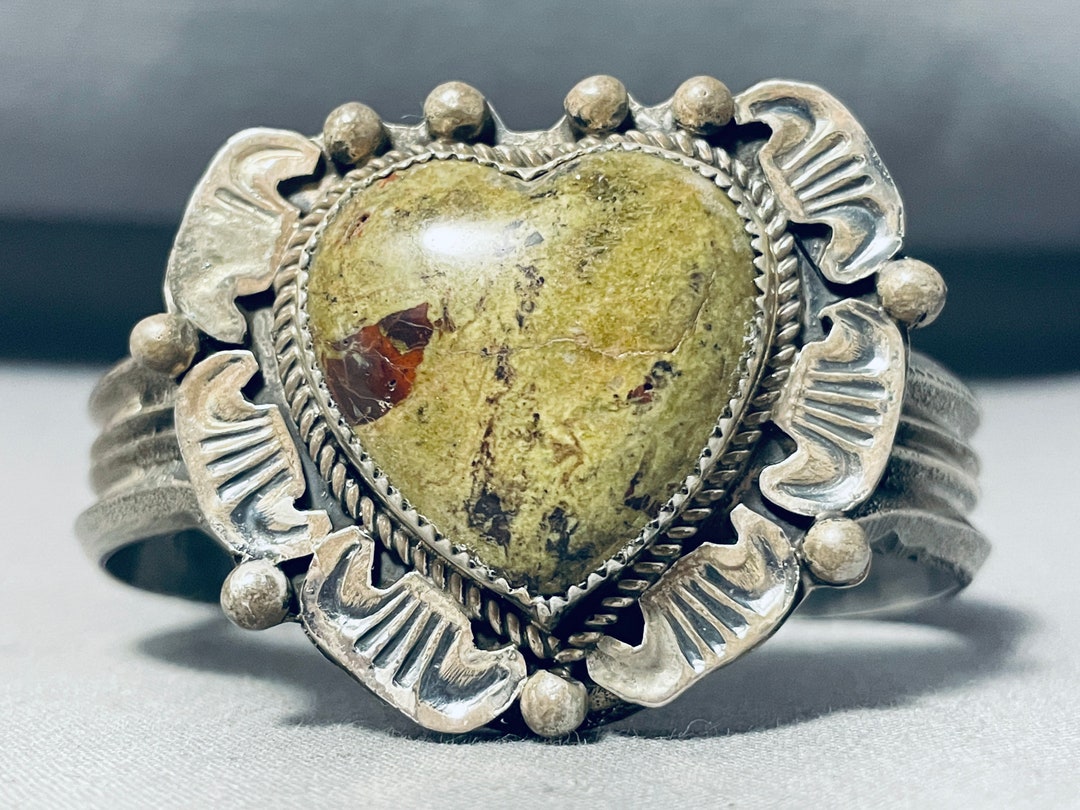 Very Rare San Felipe Green Jasper Heart Sterling Silver Bracelet Cuff ...