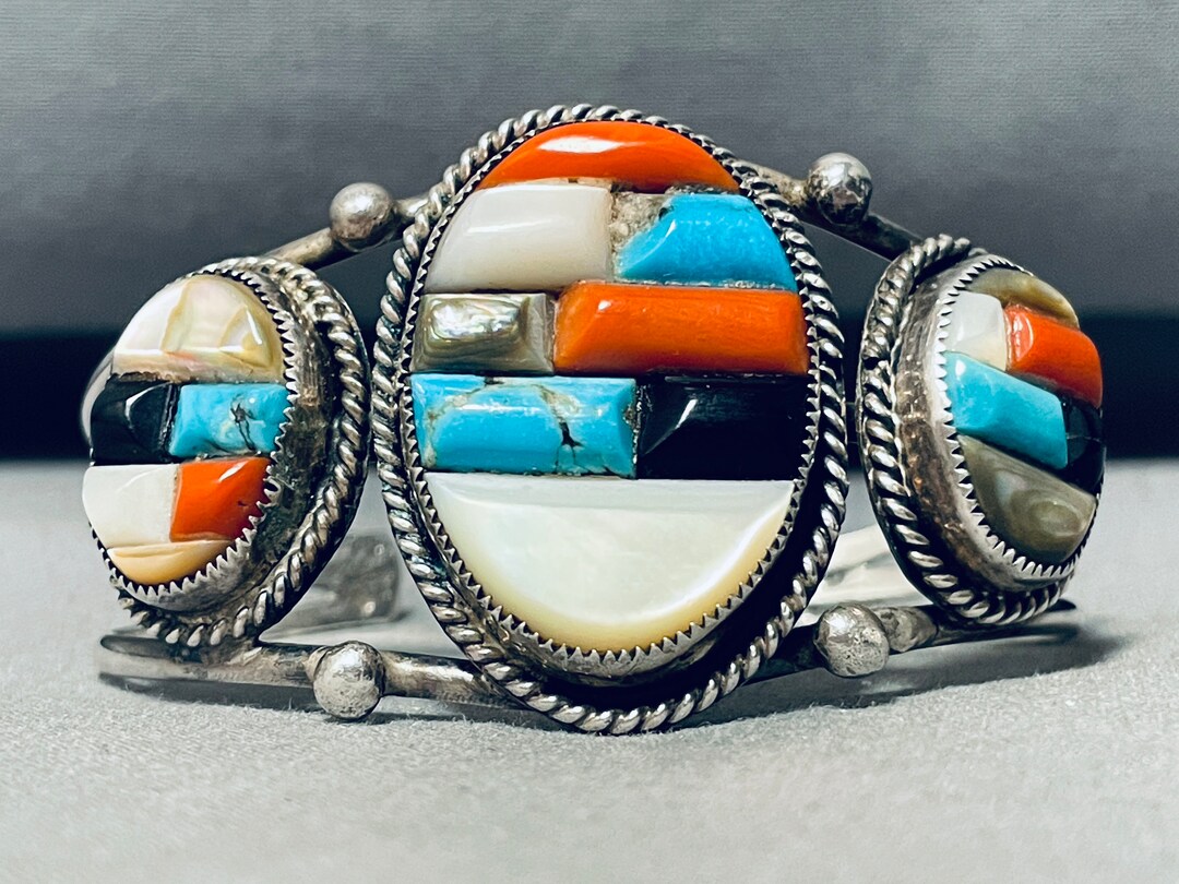 Rare Brick Inlay Vintage Native American Navajo Turquoise Coral ...
