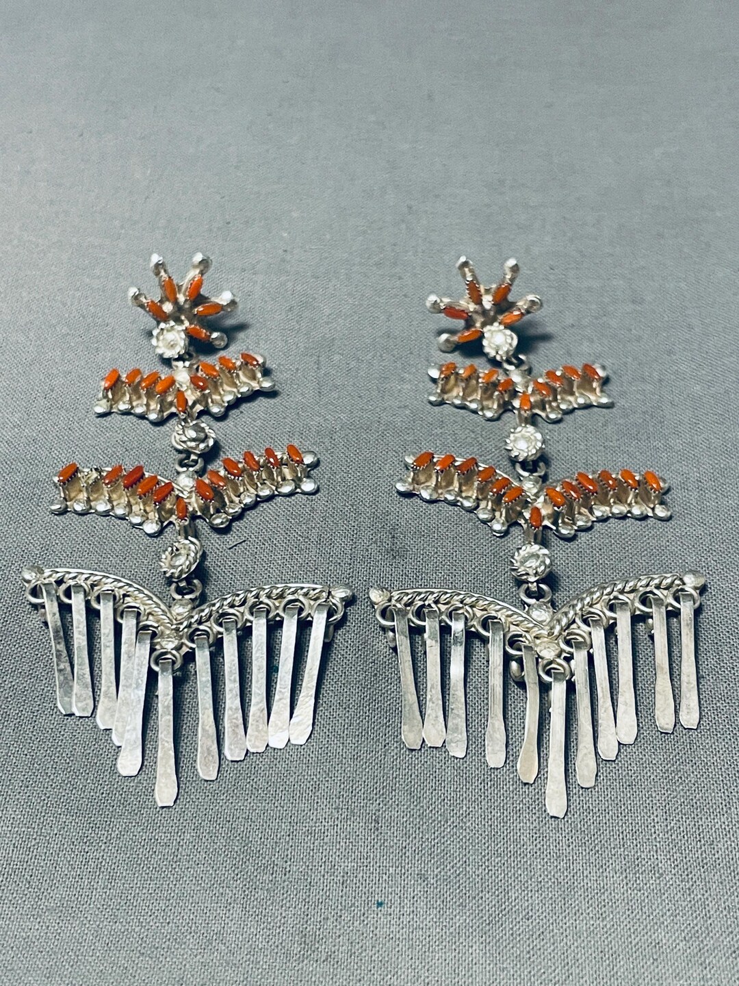 Dynamic Native American Zuni Coral Sterling Silver Dangle Earrings ...