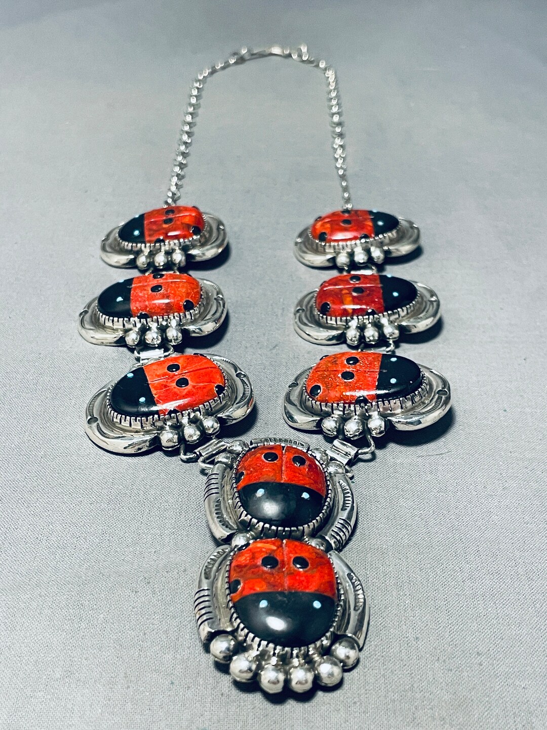 Ladybug Coral Native American Navajo Inlay Sterling Silver Squash ...