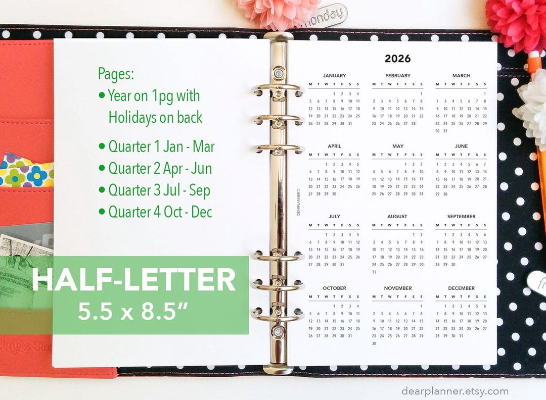 PRINTED 2026 Yearly Calendar - Yo1p- Year at a Glance - Quarterly ...