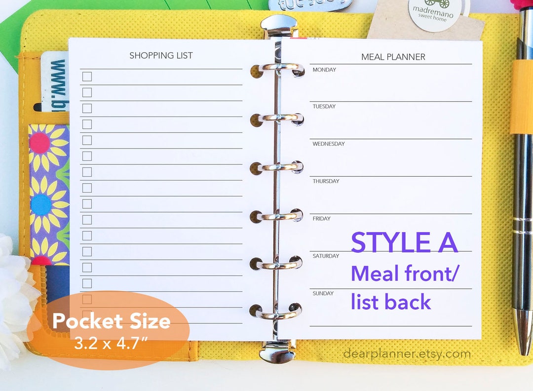 PRINTED Meal Planner Inserts - Weekly Meal Plan Shopping List - Menu ...