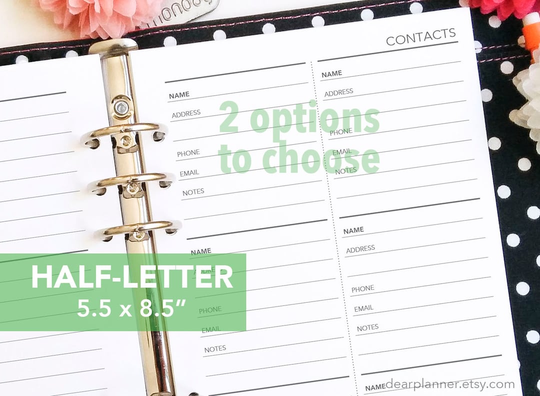 PRINTED Contacts Info Insert - Address List Refills - Half Letter ...