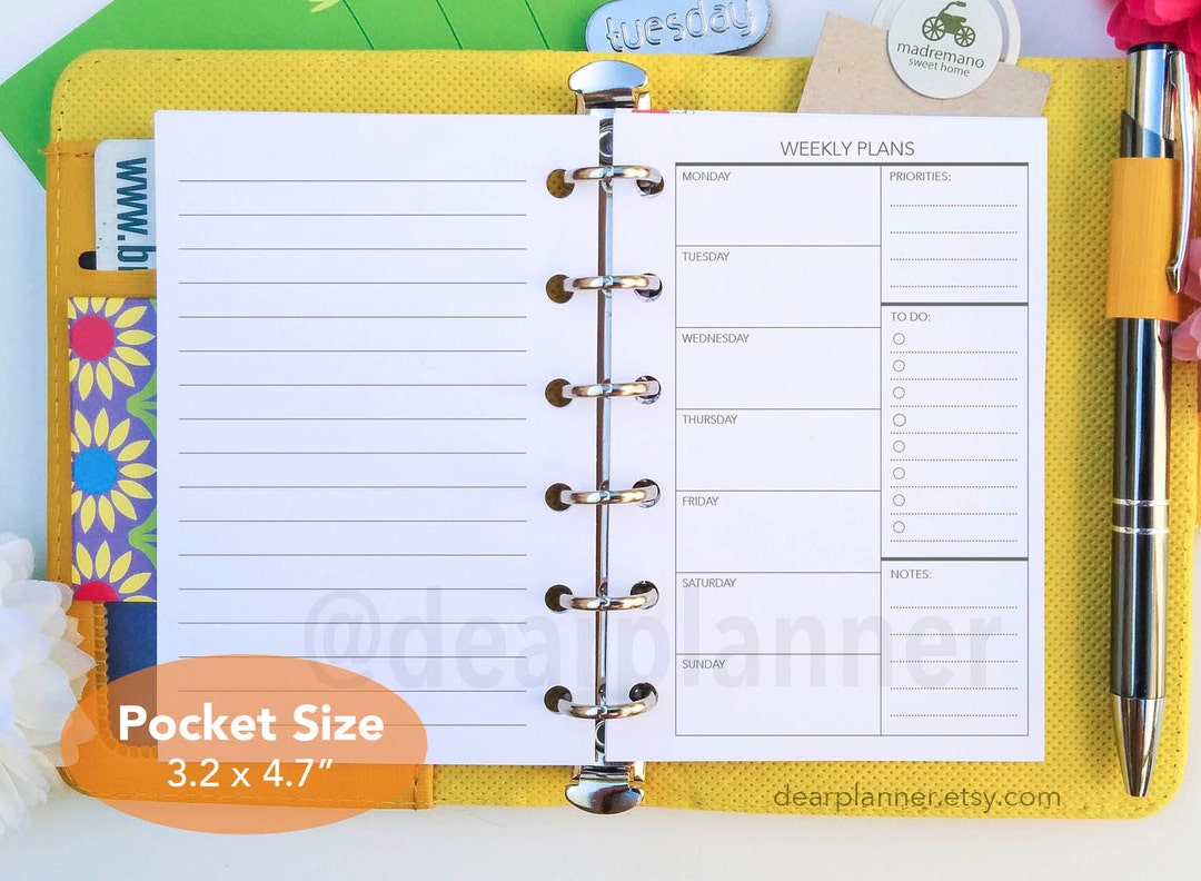 PRINTED Pocket WO1P Insert - Week on One Page Insert - Undated Weekly ...