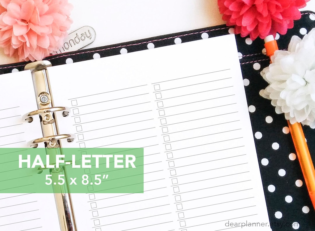 Printed Two Column Checklist - To-do List Insert - Half Letter Planner ...