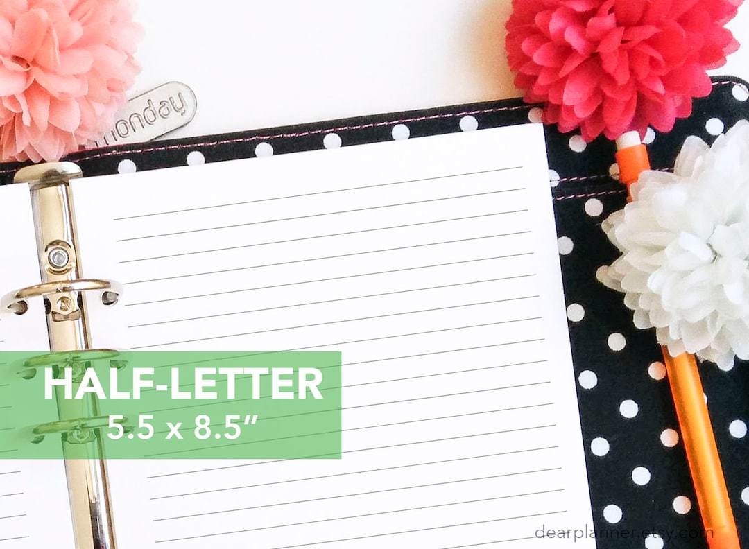 Printed Lined Paper Insert - Half Letter Planner Insert - Lined Planner ...