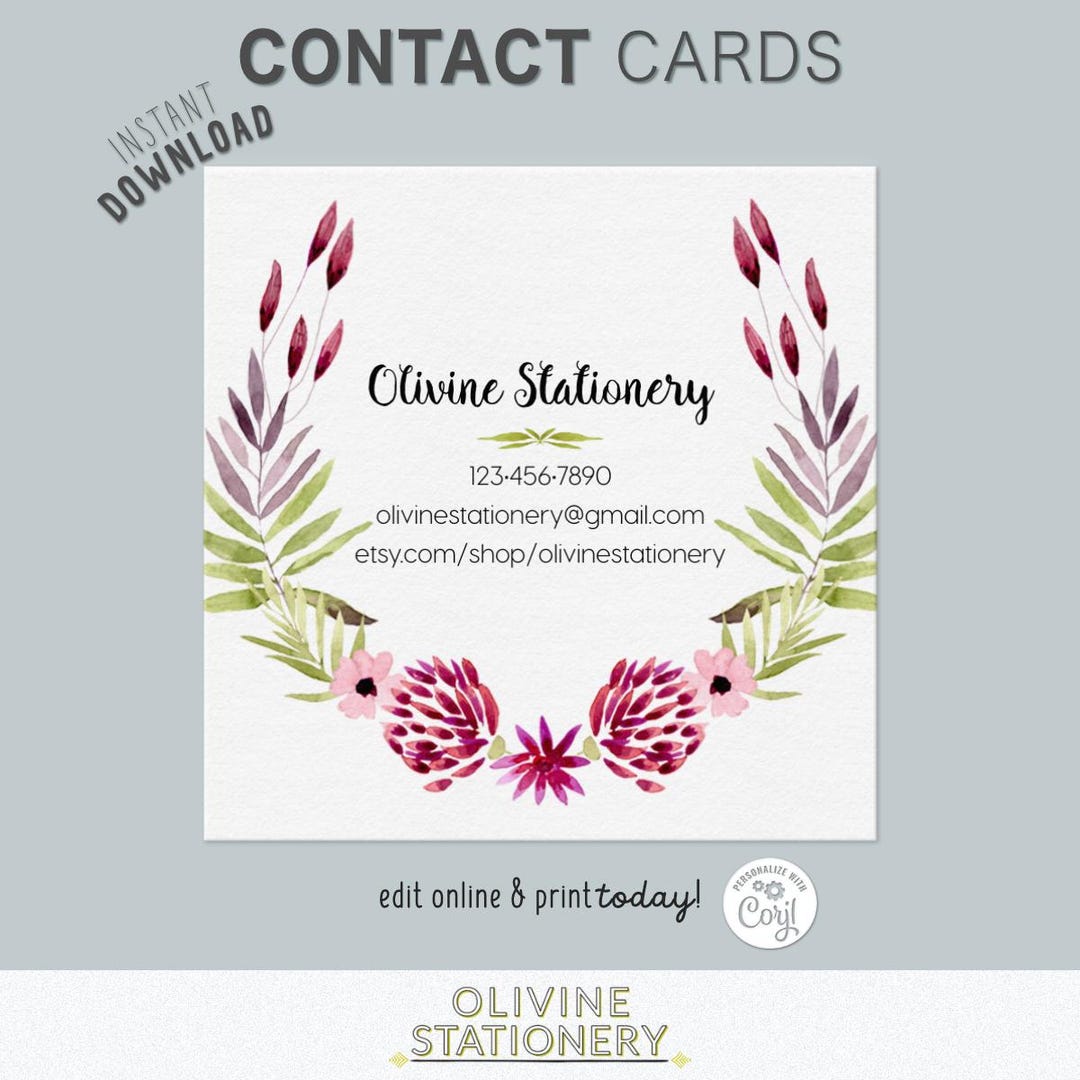 Aquarell Kranz Visitenkarte Template, rosa Blumen, quadratisch ...