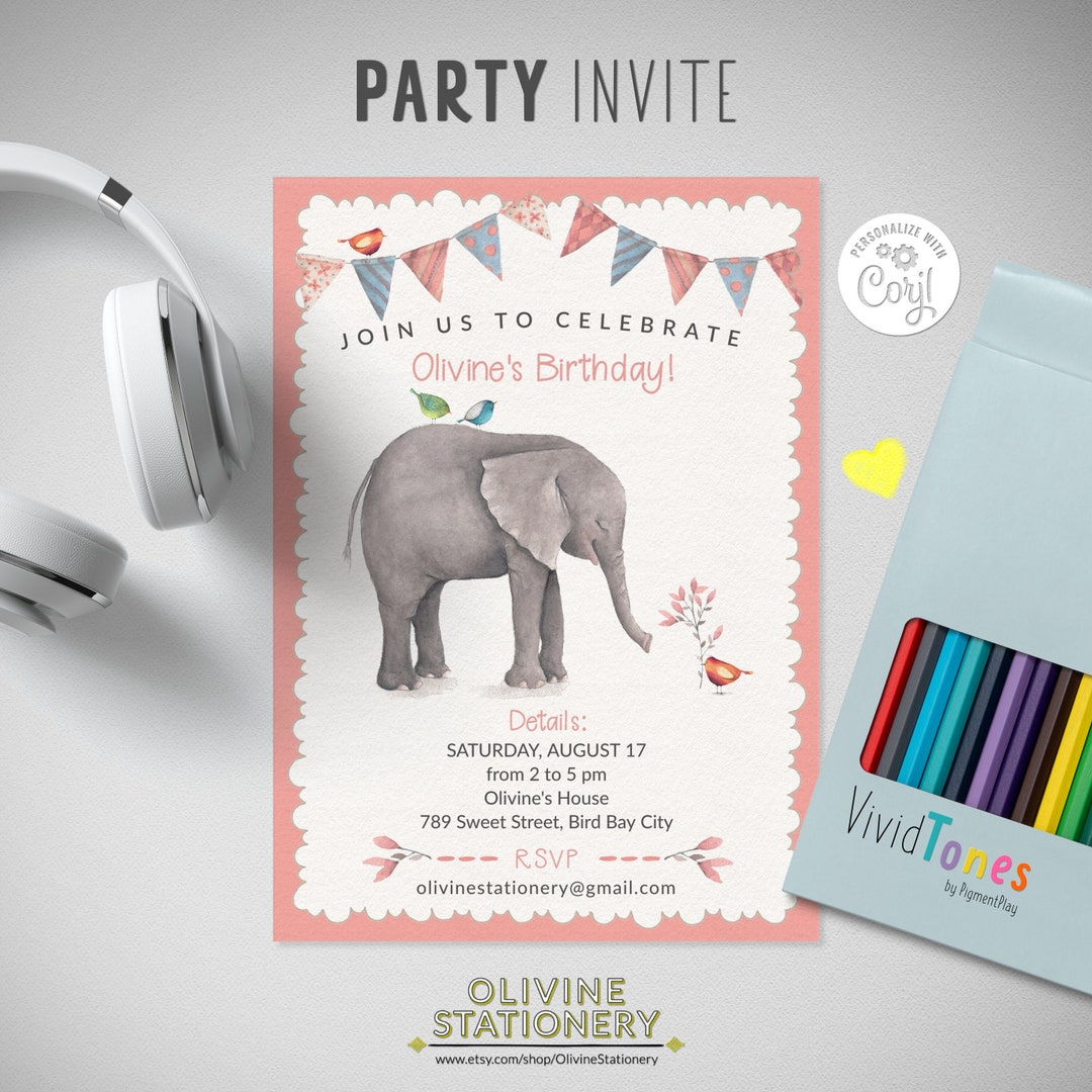 Elephant Birthday Invitation | Editable Birds & Banner Invite (corjl ...