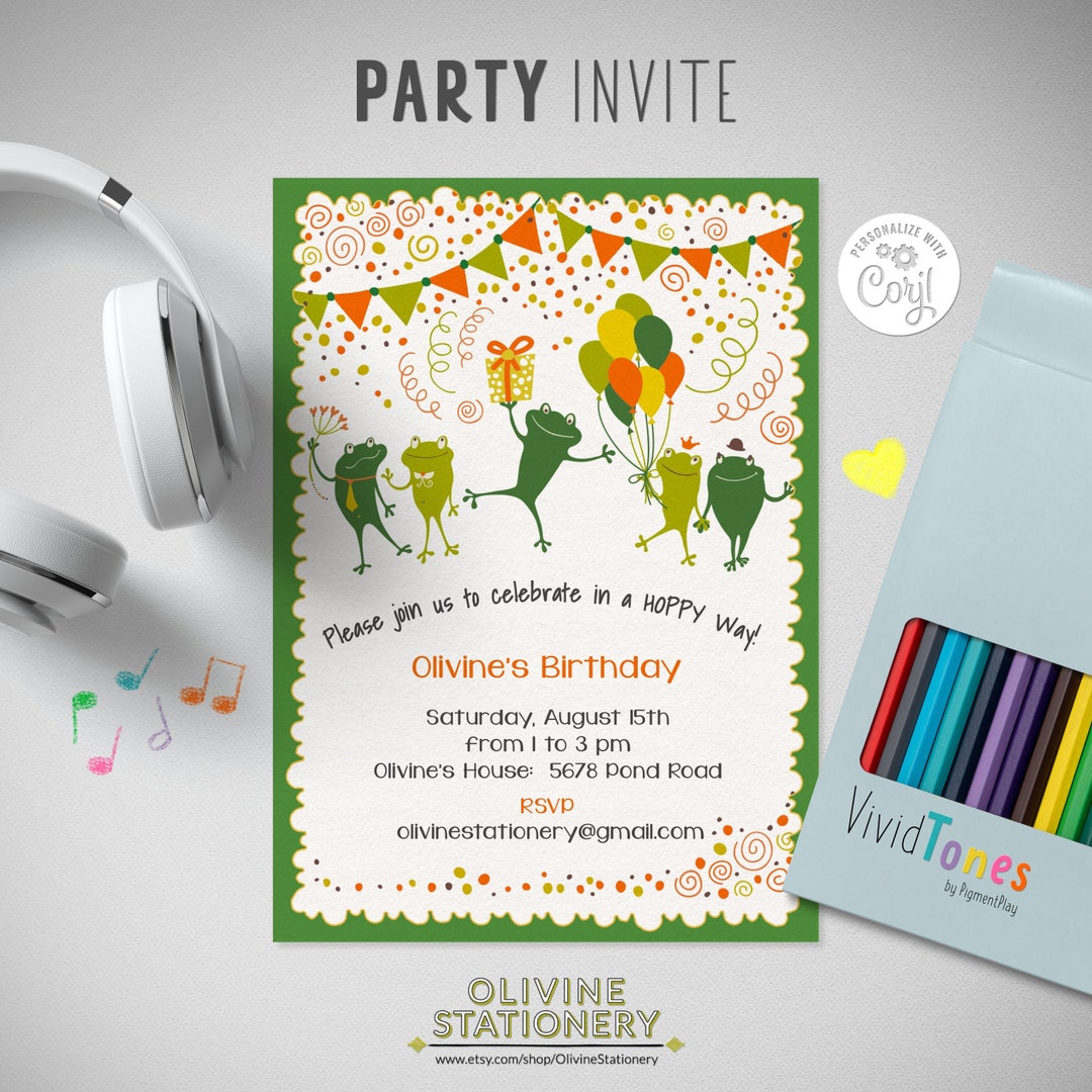 Frog Birthday Invitation | Dancing Frogs Party Invite With Balloons ...