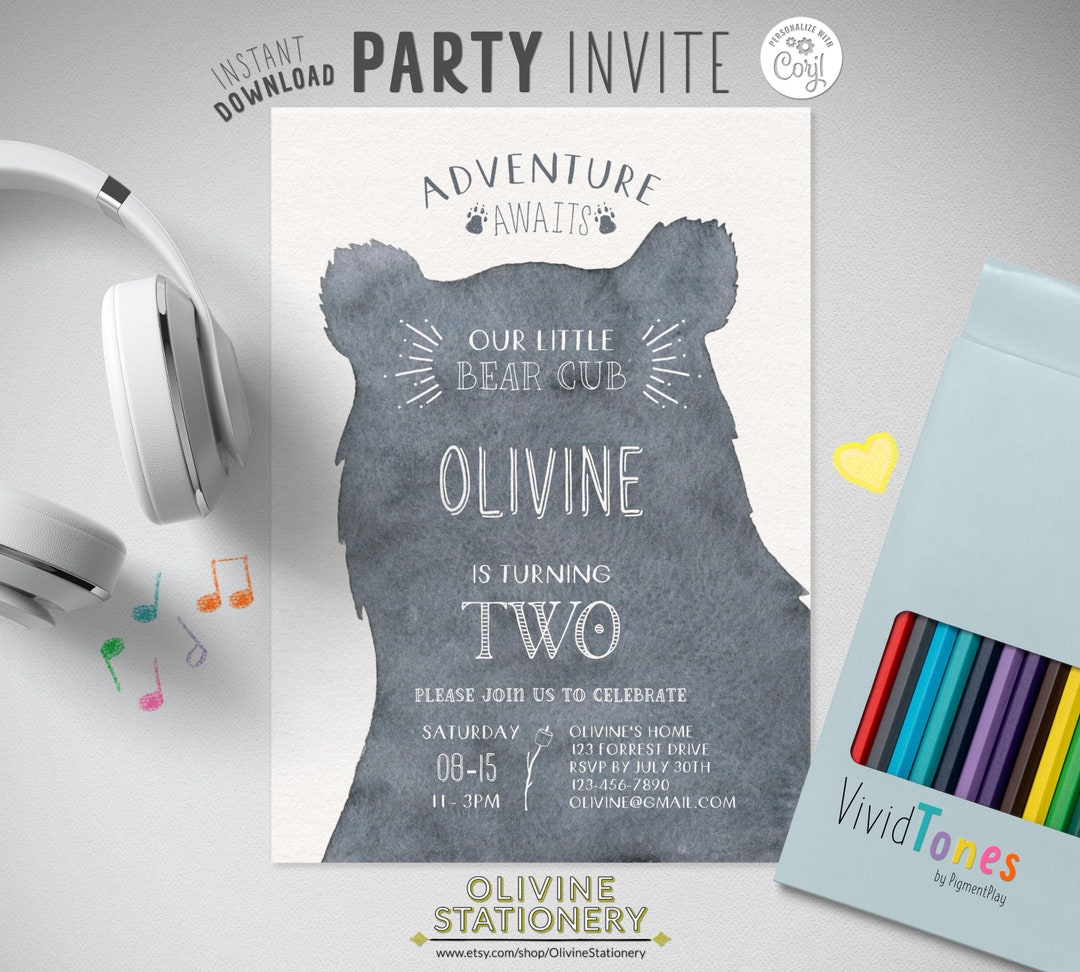 Bear Cub Birthday Invitation Template, Watercolor Birthday Invitation ...