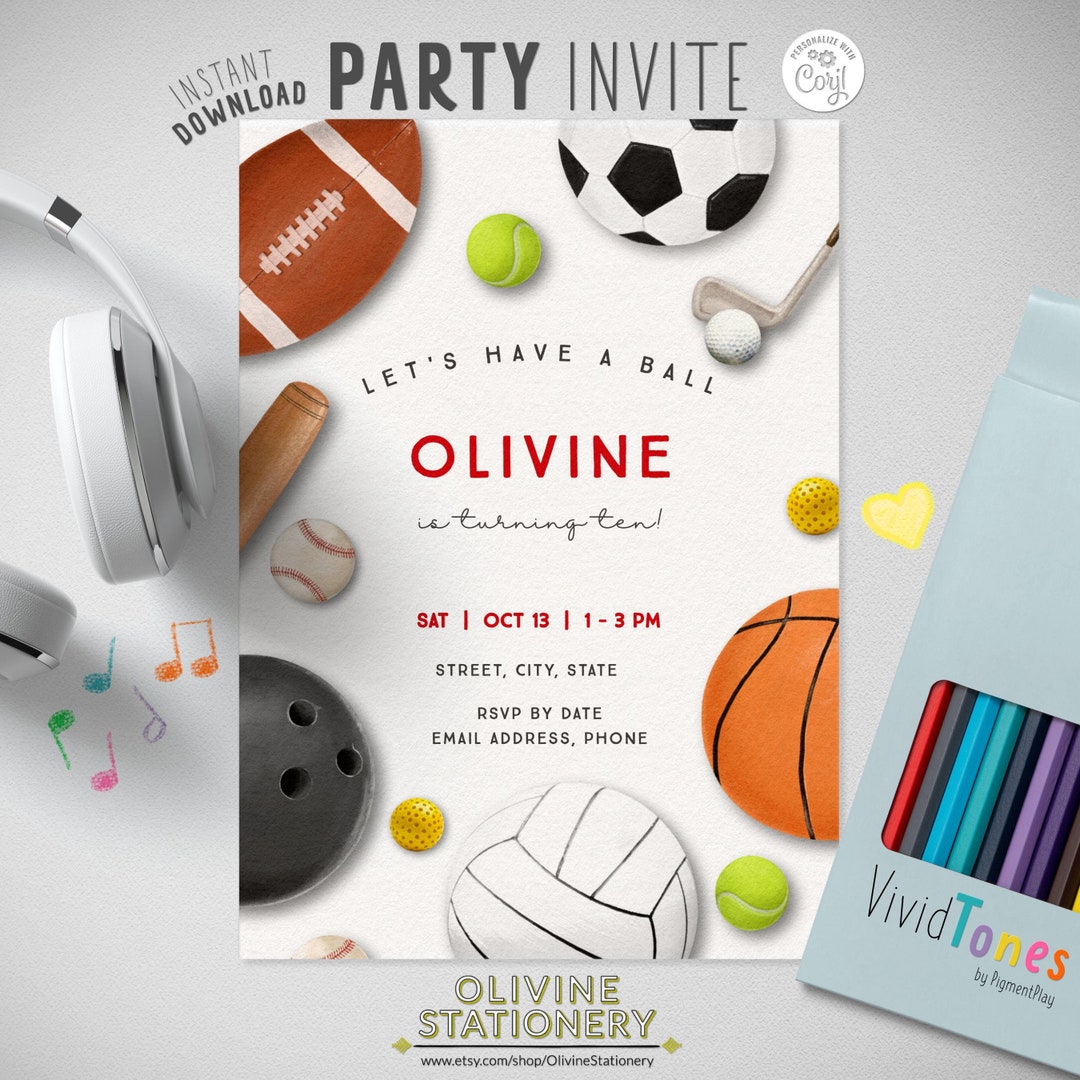 Sport Balls Birthday Invitation Template, Volleyball, Golf, Pickleball ...