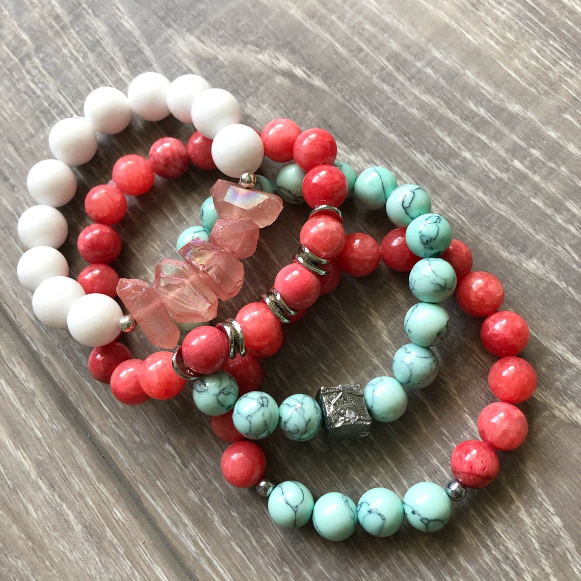 Mint and Silver Beaded Bracelet, Mint Beaded Bracelet, Stackable ...