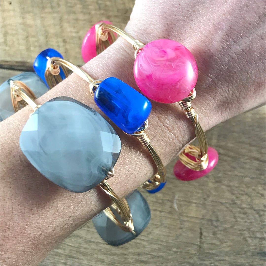 Pink Bangle, Pink Bead Bangle, Bourbon and Boweties Inspired, Pink Wire ...