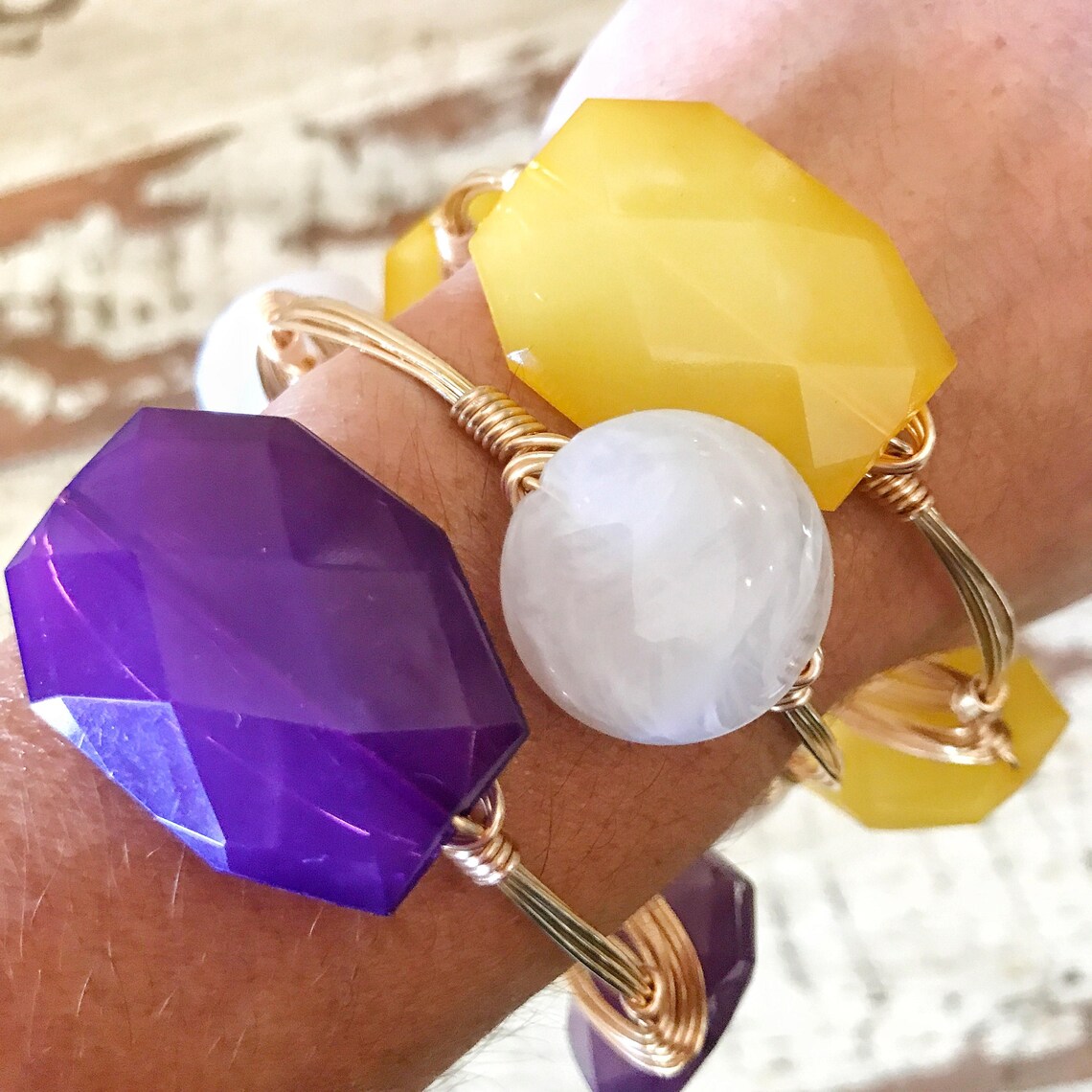 Purple Acrylic Bead Wire Bangle, Purple Bead Bangle, Bourbon and ...