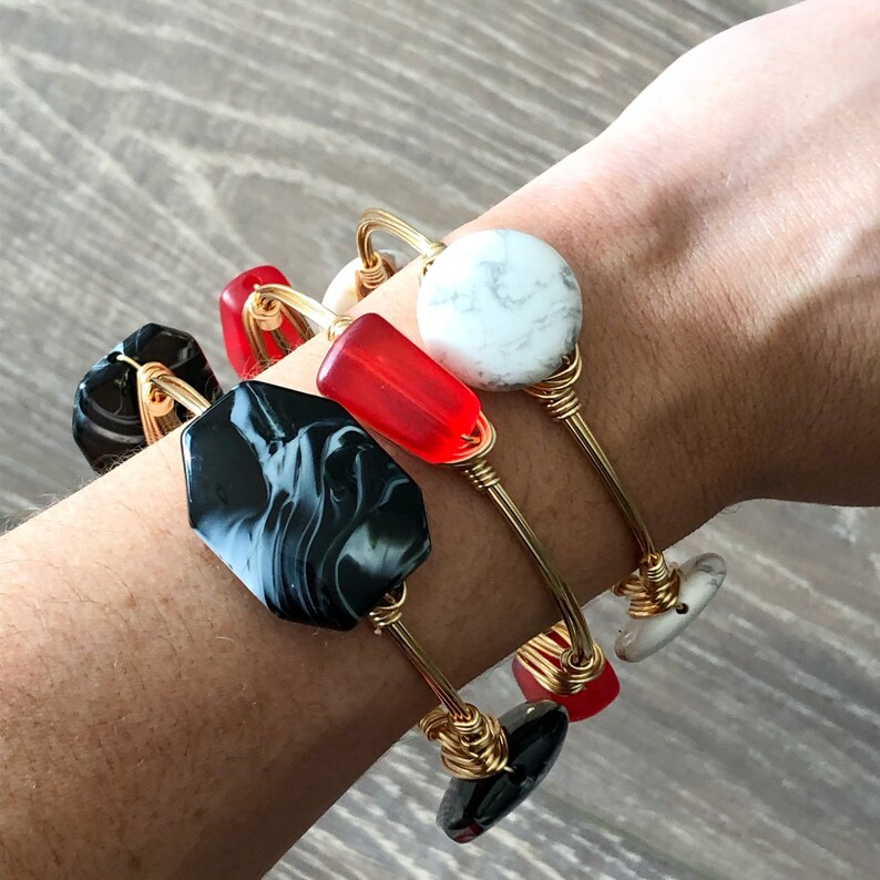 Red Bangle, Matte Red Bangle, Red Acrylic Bangle, Gold Wire Wrap Bangle ...