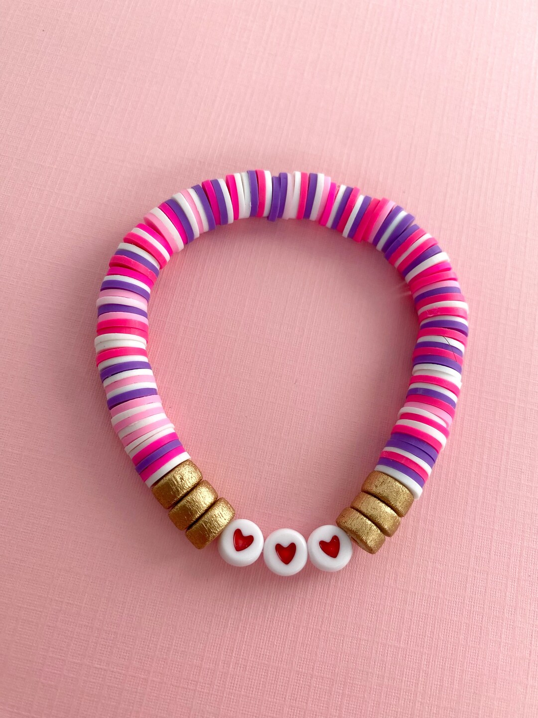 Pink Multicolor Vinyl Heishi Bead Bracelet, Pink Vinyl Bracelet, Pink ...