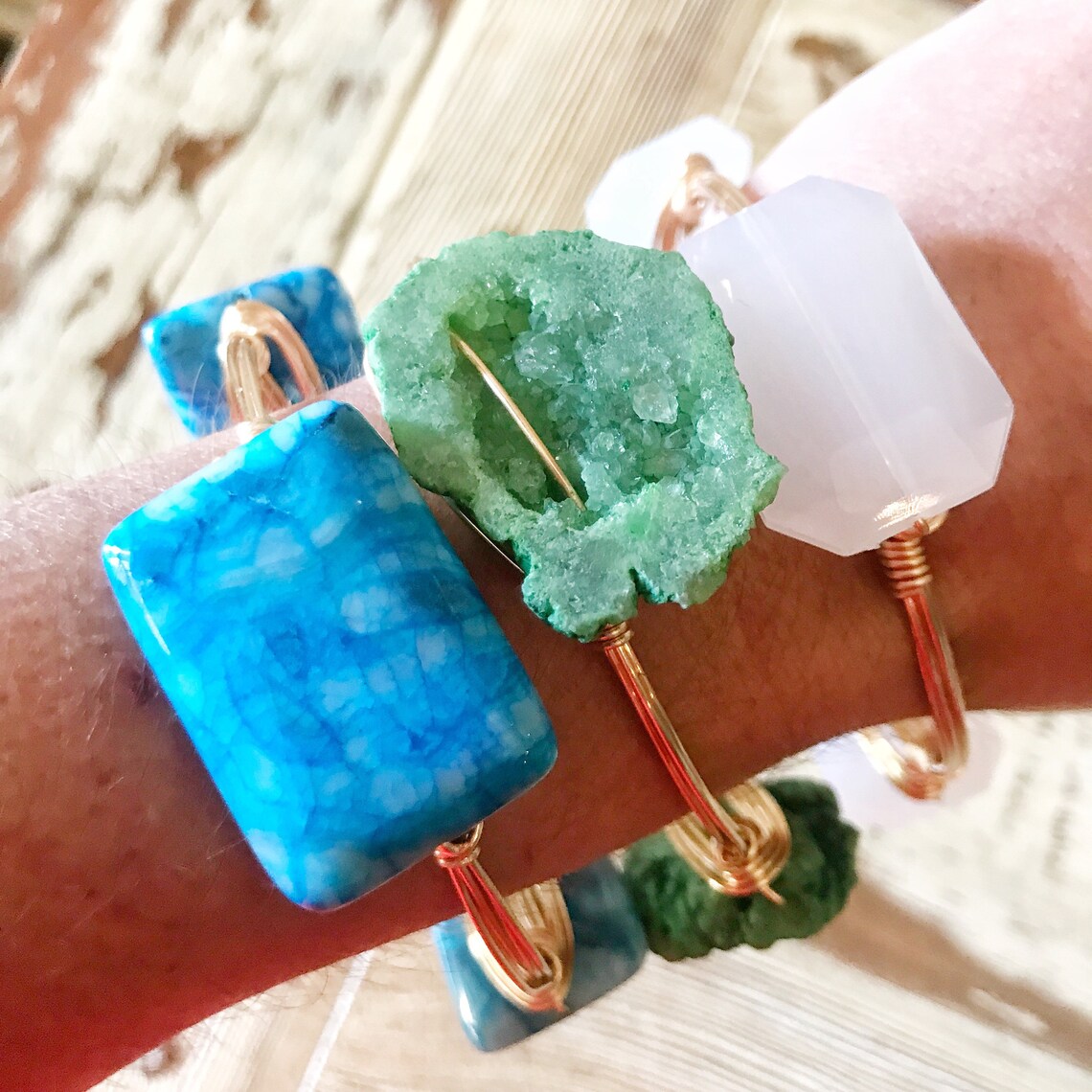 Blue Lace Agate Wire Bangle Blue Agate Bangle Blue Bangle | Etsy