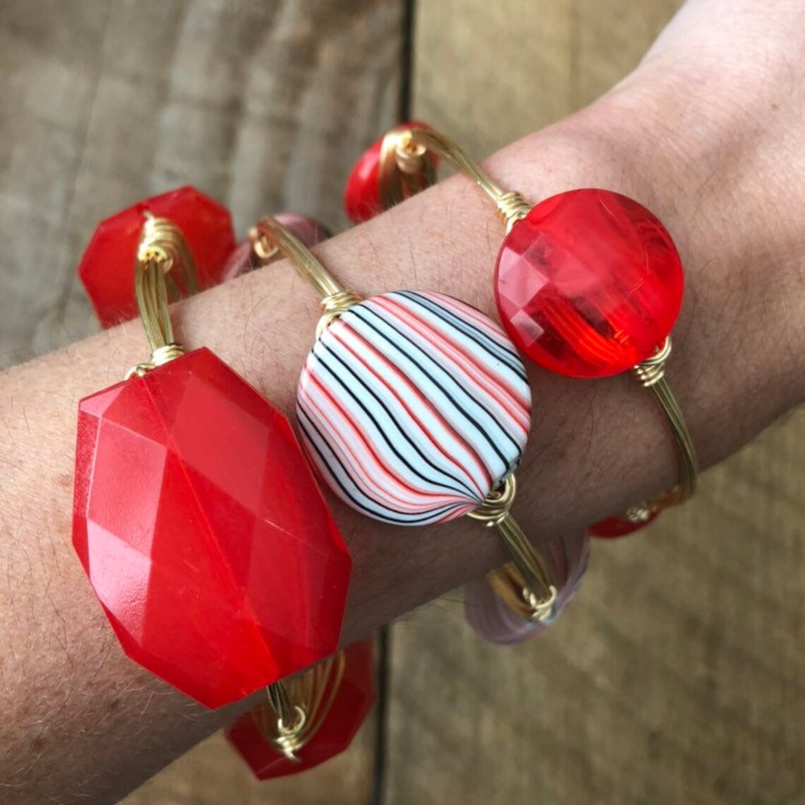 Red Bangle, Round Red Bangle, Red Acrylic Bangle, Gold Wire Wrap Bangle ...