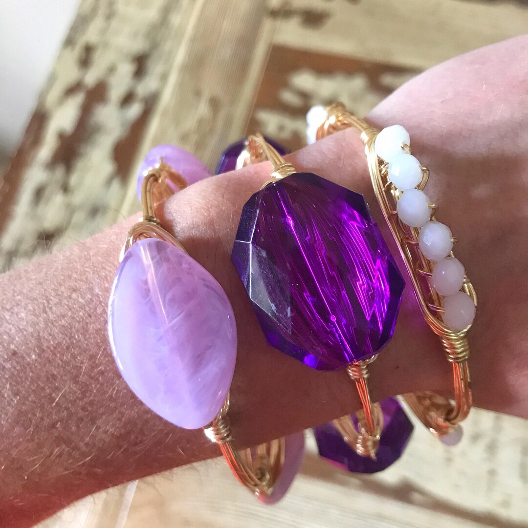 Purple Crystal Acrylic Wire Wrap Bangle Bracelet, Purple Crystal Bangle ...
