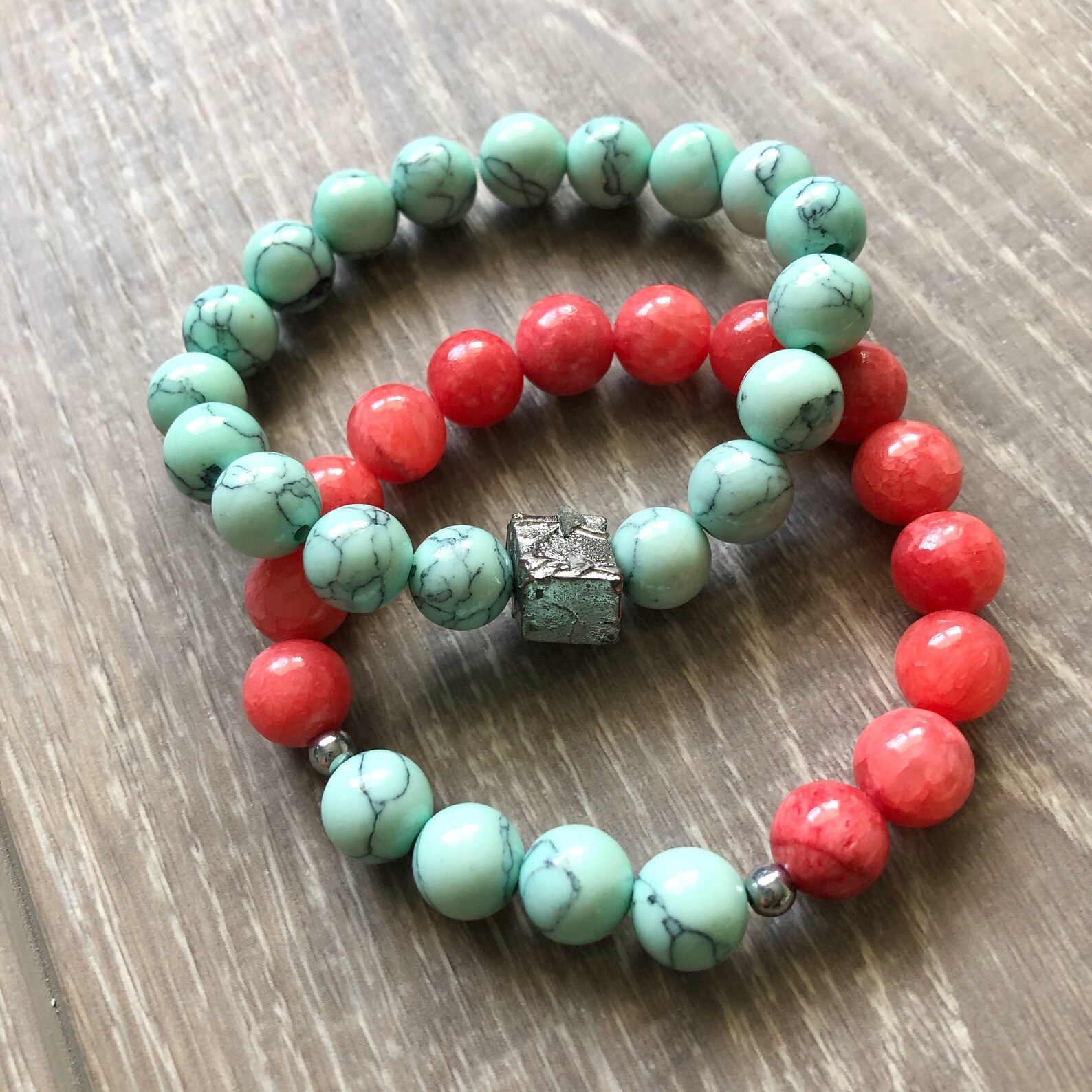 Mint and Silver Beaded Bracelet, Mint Beaded Bracelet, Stackable ...