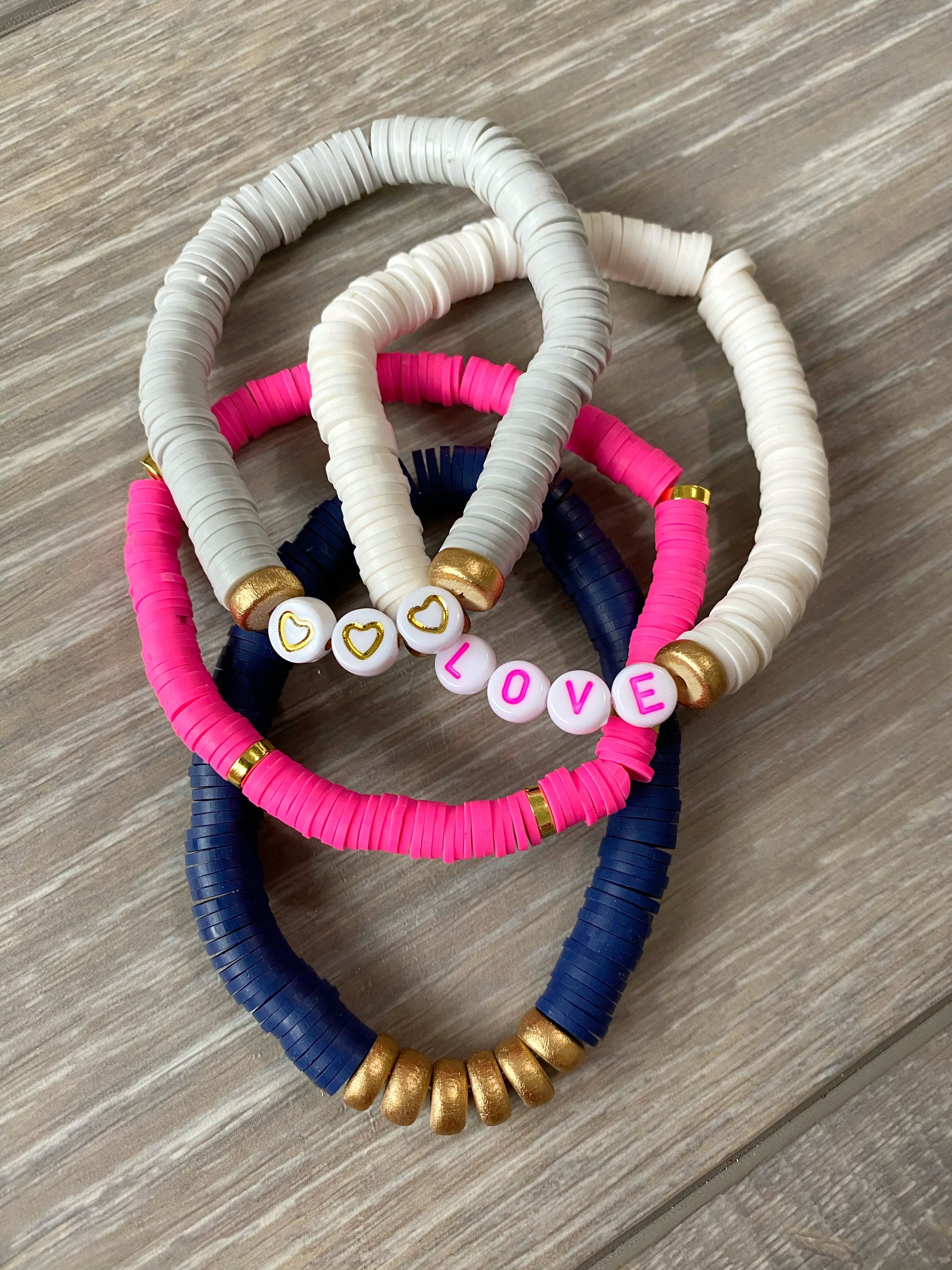 Pink Vinyl Heishi Bead Bracelet, Pink Vinyl Bracelet, Pink Beaded ...