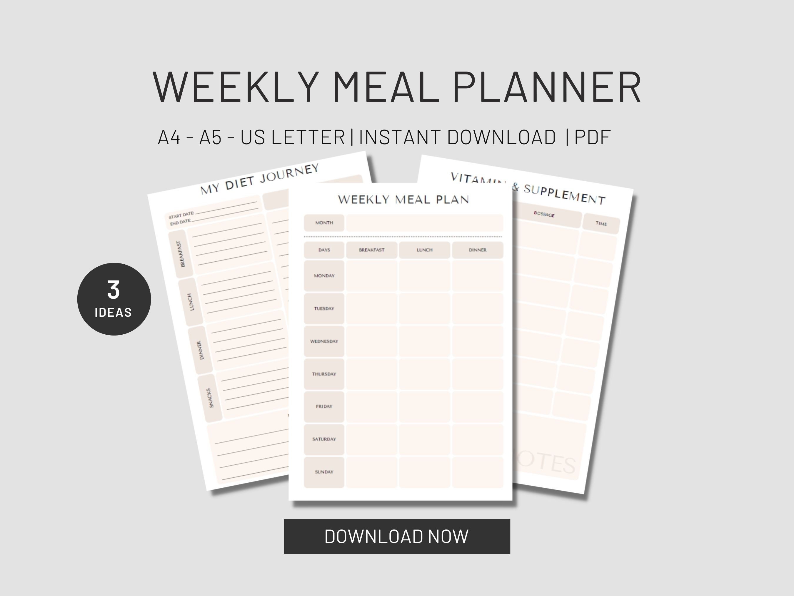 Weekly Meal Planner Printable, Vitamin and Supplement, Diet Journey ...