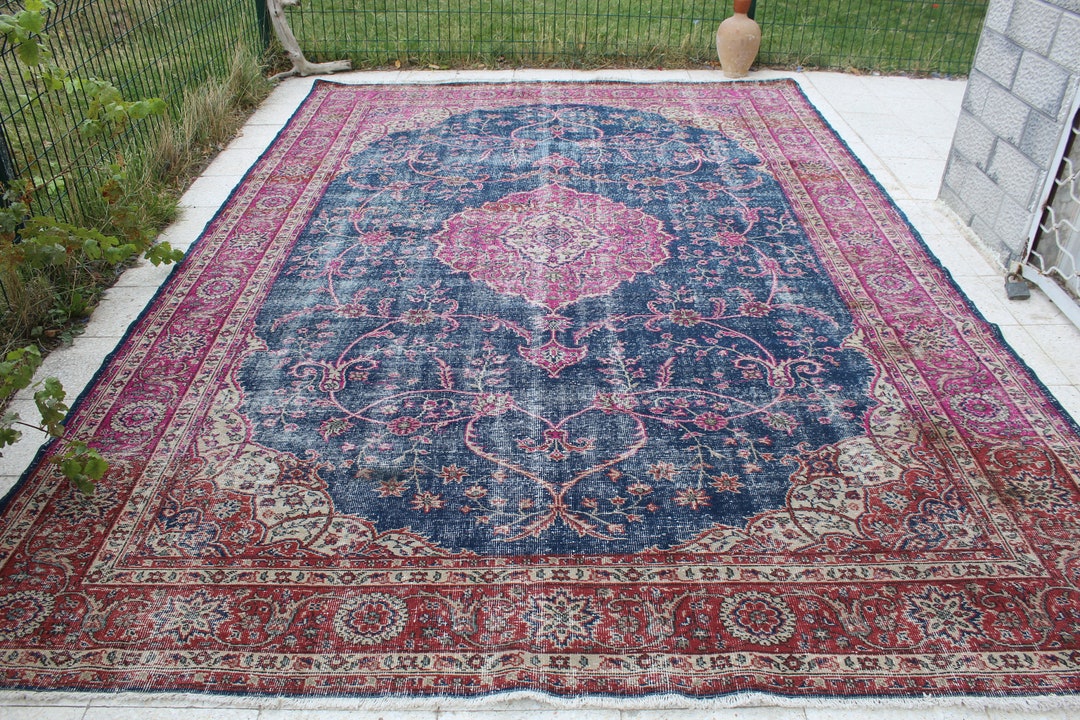 Oushak Rug 8x12, Turkish Blue Rug, Vintage Handmaderug, Large Office ...