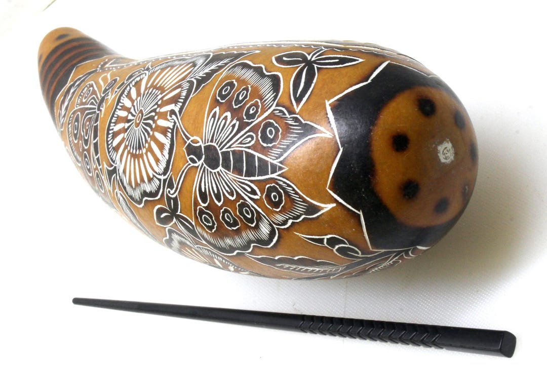 Natural Gourd MARACA/GUIRO Scratch Pad/shaker–jungle Village Carvings ...
