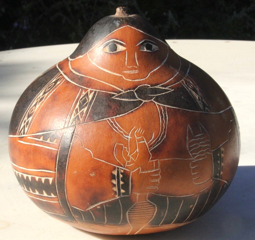 Indian Story Gourd From PERU 5 Round Handcrafted Sculpted Colorful One ...