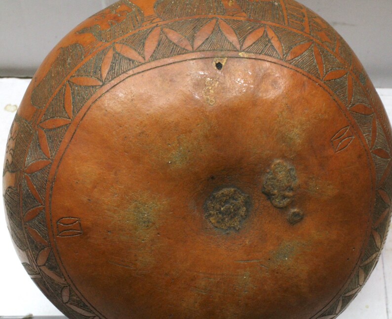 Vintage Kenyan Calabash Gourd: Hand-carved Animal Designs, 9" Folk Art ...