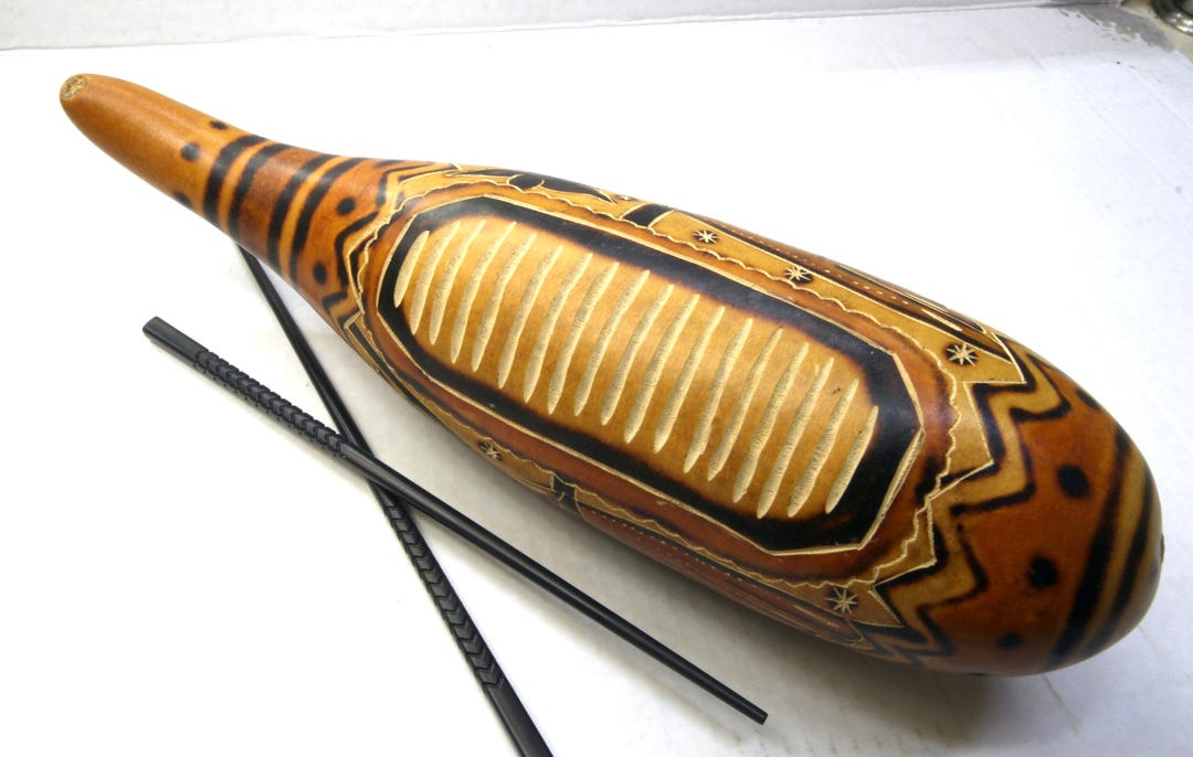 Hand Carved Gourd Maraca Guiro: Peruvian Jungle Village Percussiuve ...