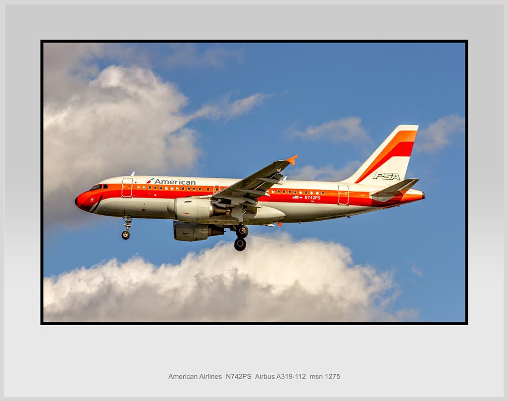 American Airlines PSA Heritage Colors A319 11" X 14" Photograph ...