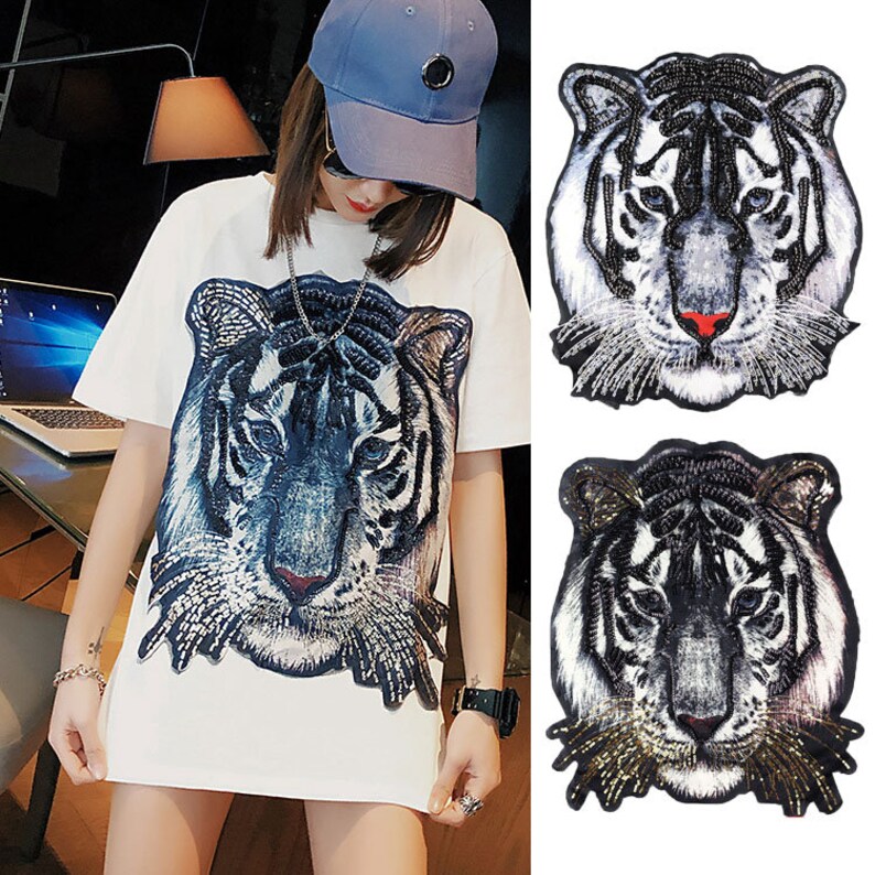 Gold or Silver Large Tiger Head Embroidery Sequined Applique Patch ...