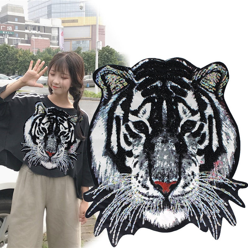 Gold or Silver Large Tiger Head Embroidery Sequined Applique Patch ...