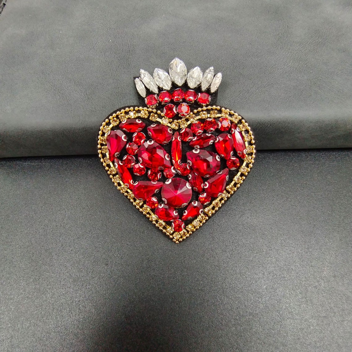 Red Heart Embroidery Rhinestone Applique Patchbeaded Heart - Etsy